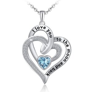 distance heart necklace for women 925 sterling silver blue march birthstone i love you to the moon and back necklaces for valentines day birthday mother days' jewelry gift with box