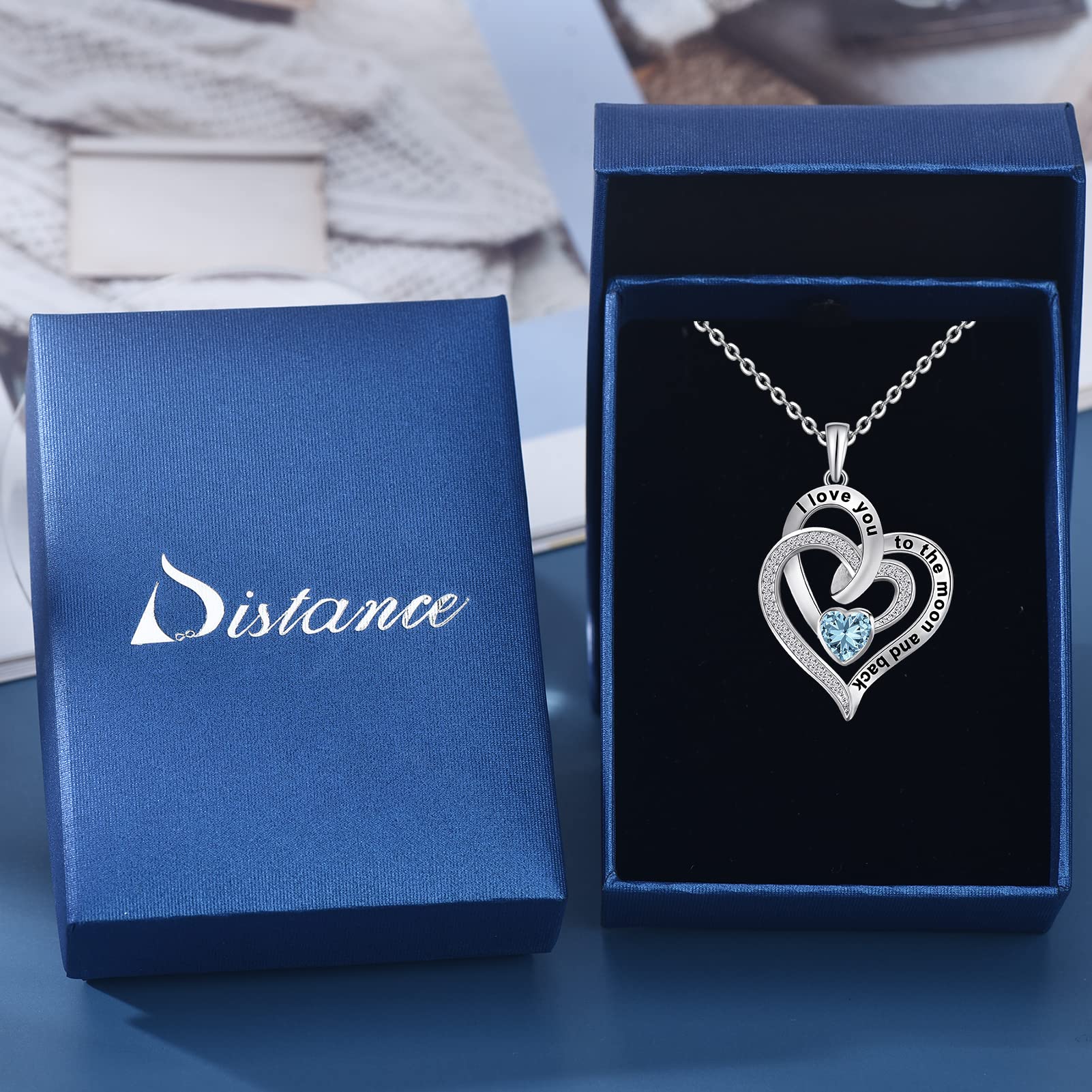 Distance Heart Necklace for Women 925 Sterling Silver Blue March Birthstone I Love You to The Moon and Back Necklaces for Valentines Day Birthday Mother Days' Jewelry Gift with Box