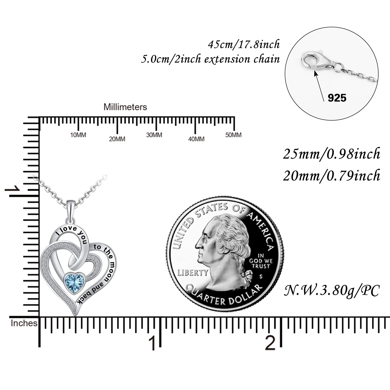 Distance Heart Necklace for Women 925 Sterling Silver Blue March Birthstone I Love You to The Moon and Back Necklaces for Valentines Day Birthday Mother Days' Jewelry Gift with Box