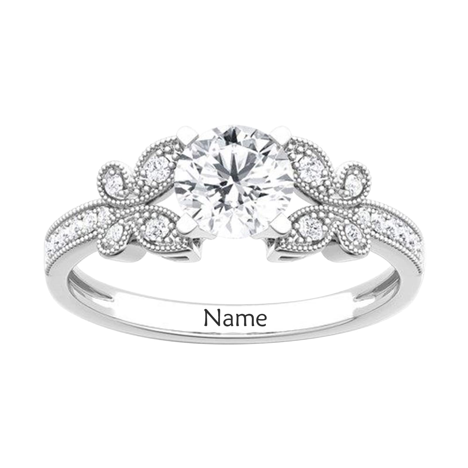 SISGEM 14K White Gold Butterfly Wedding Ring for Women,1.75 Carat(CTTW) Round-Cut Moissanite Engagement Ring with Engraved Name,Wedding Anniversary Size 5-11 (White, 10)