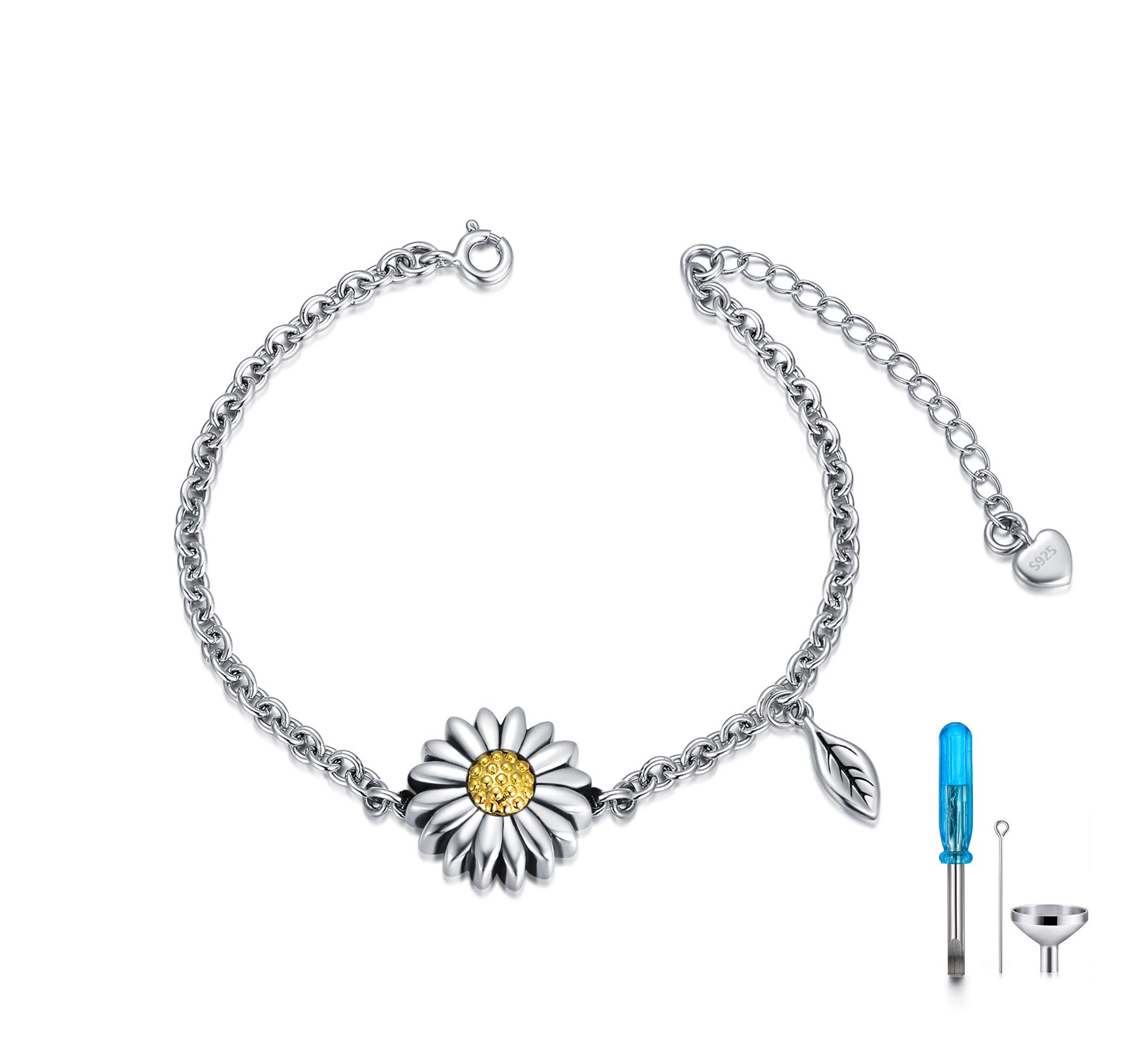 Sunflower Cremation Jewelry 925 Sterling Silver Urn Bracelet Link Flower Keepsake Ashes Memorial Pendant Locket for Women Mom