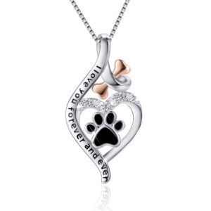 vanlams womens 925 sterling silver bone love heart dog paw print pendant necklace i love you forever and ever, gifts for dog owner (silver & rose gold)