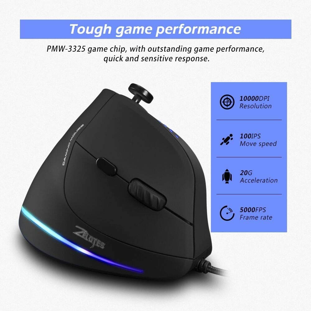 zelotes Wired Gaming Mouse with Joystick,10000DPI,11 Programmable Buttons,Vertical Ergonomic Mouse,USB Optical Computer mouse,PC Gaming Mouse for Laptop,PC,Black