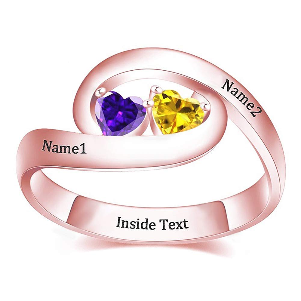 FUJIN Custom Name Ring,2 Simulated Heart-Shaped Birthstones Engraving with 2 Name Engagement Ring,Jewelry for Bride(Rose Gold)