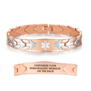 linnalove flying fish medical alert bracelets for men women rose gold stainless steel medical bracelets with free customizable engraving & length