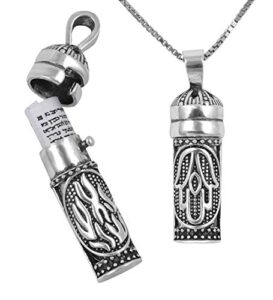 ajdesign mezuzah necklace for men or women in 925 sterling silver shema yisrael, chamsa, hebrew chai, holyland sand, menorah (open - my fire hamsa, 20 inches chain)