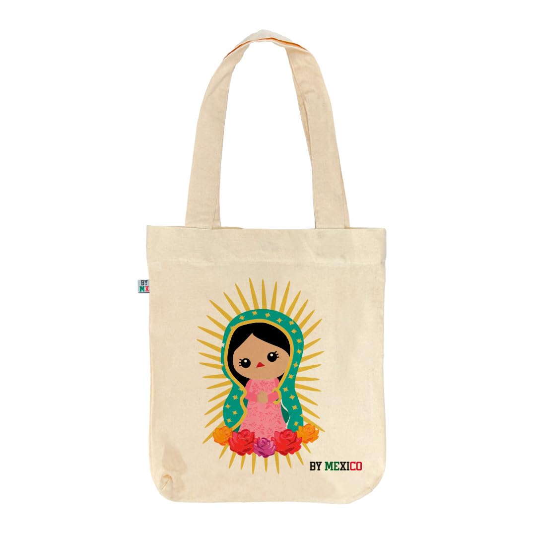 BY MEXICO La Virgen Canvas Totebag, Mexican Design Travel Shoulder Bag w/Snap Closure