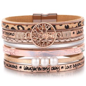 gifts for teenage girls, inspirational leopard print rose gold leather wrap boho bracelets for women,easter christmas birthday jewelry gifts for teen girls