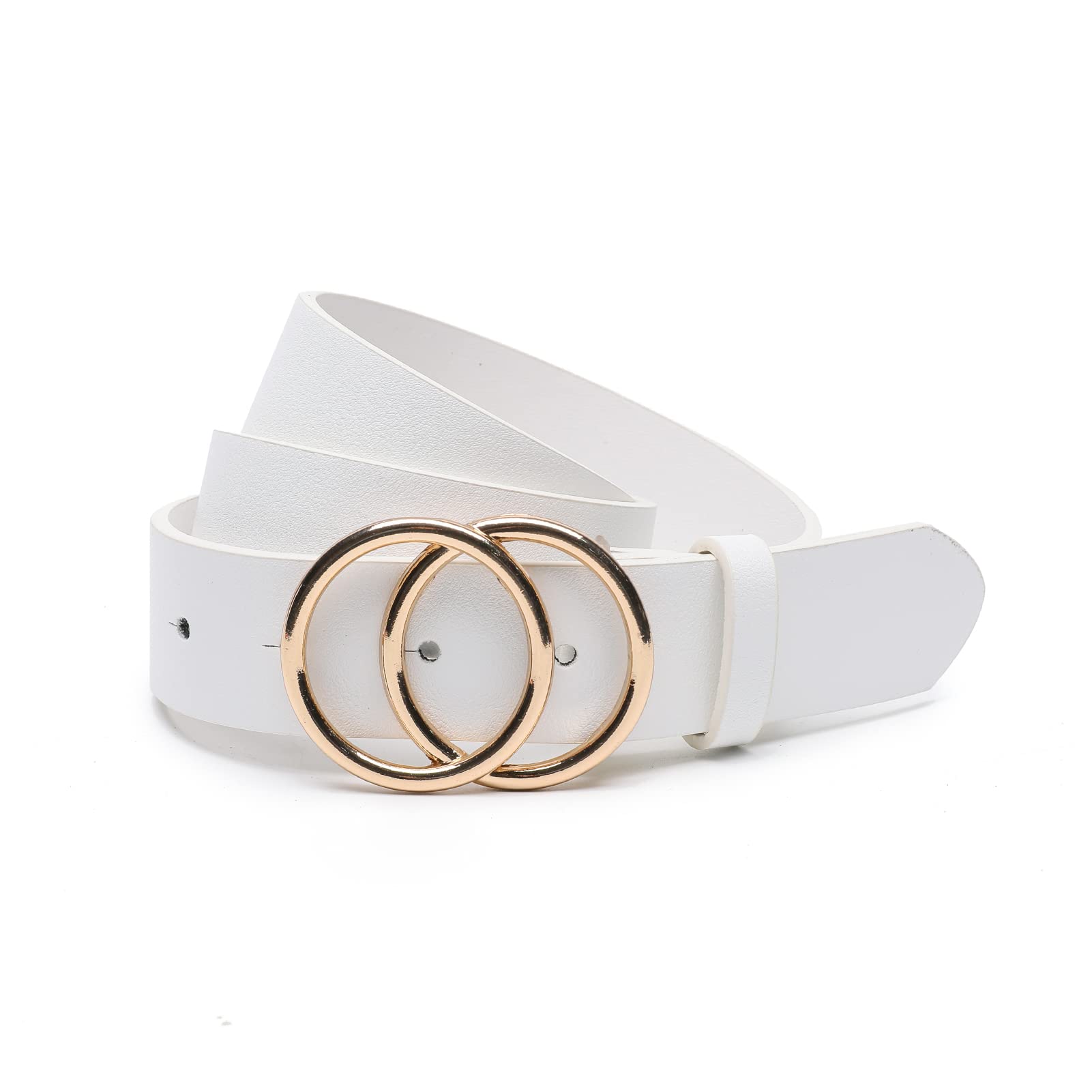 IFENDEI Women Faux Leather Belt for Jeans Dress Waist Belts with Gold Ring Buckle White Small