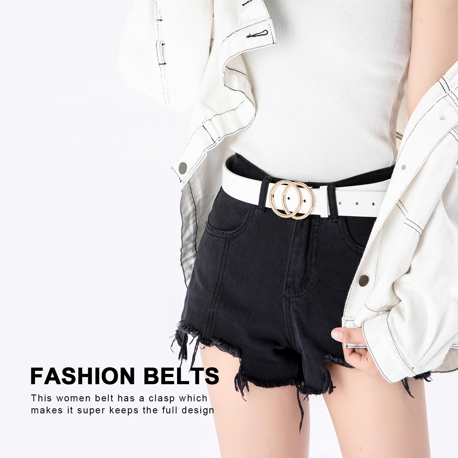 IFENDEI Women Faux Leather Belt for Jeans Dress Waist Belts with Gold Ring Buckle White Small