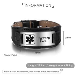 Ashleymade Free Custom Engraved Leather Medical Alert ID Bracelets Unisex Waterproof Stainless Steel Medical Name ID Identification Allergy Wristband for men women (black-medical)