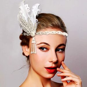 casdre vintage white feather headband pearl 1920s headpieces crystal 20s hair accessories for women and girls