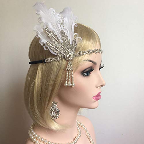 CASDRE Vintage White Feather Headband Pearl 1920s Headpieces Crystal 20s Hair Accessories for Women and Girls