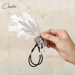 CASDRE Vintage White Feather Headband Pearl 1920s Headpieces Crystal 20s Hair Accessories for Women and Girls