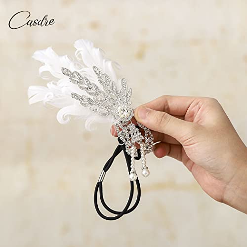 CASDRE Vintage White Feather Headband Pearl 1920s Headpieces Crystal 20s Hair Accessories for Women and Girls