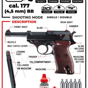 Wearable4U - Umarex Walther P38 Semi Auto CO2 Air Pistol BB Airgun Blowback Pistol Set with 5X 12gr CO2 Tanks and Pack of 1500 4.5mm (.177) Steel Umarex Precision BBS Bundle