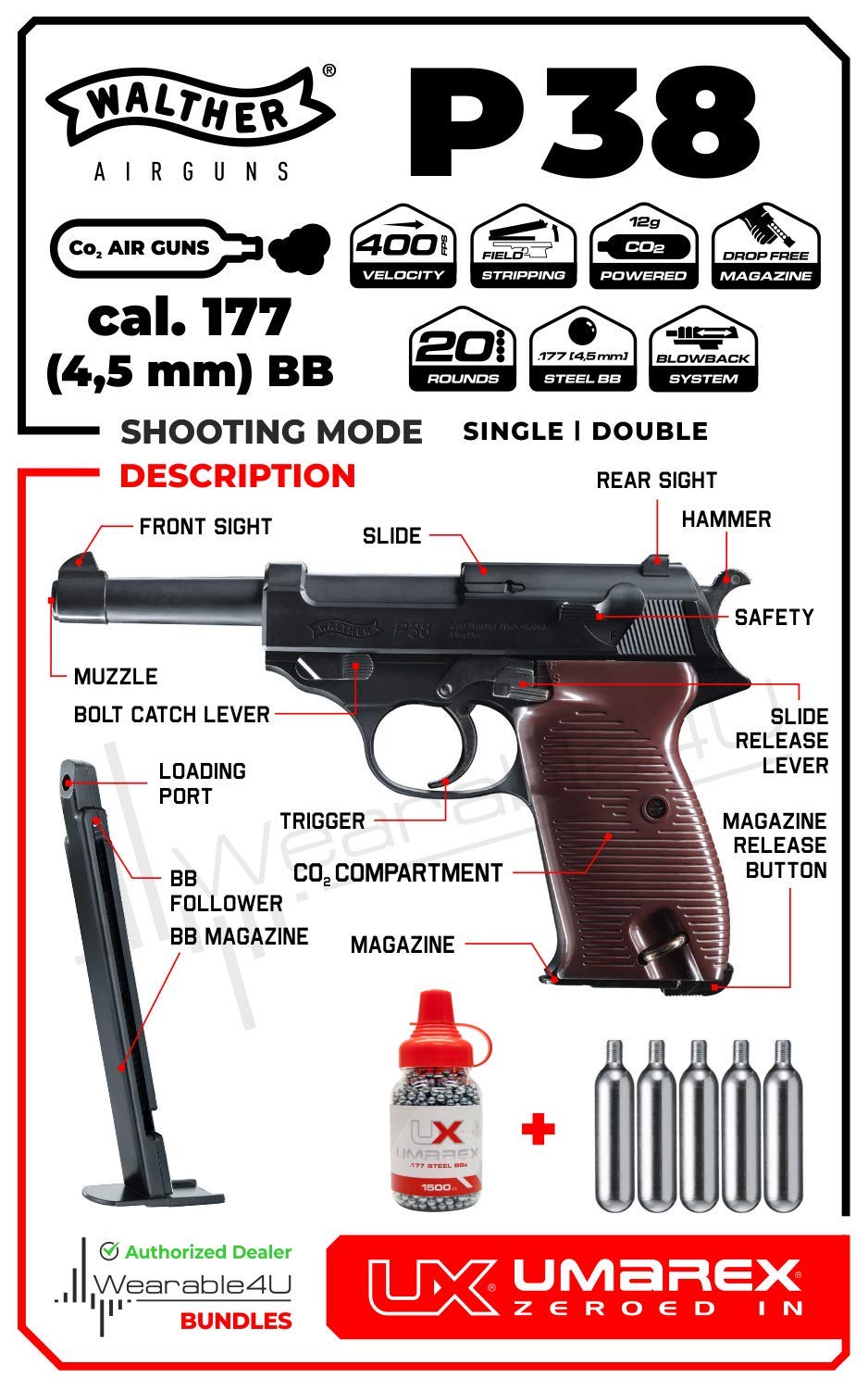 Wearable4U - Umarex Walther P38 Semi Auto CO2 Air Pistol BB Airgun Blowback Pistol Set with 5X 12gr CO2 Tanks and Pack of 1500 4.5mm (.177) Steel Umarex Precision BBS Bundle