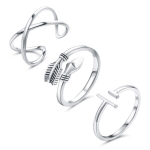 FIASASO 3PCS 925 Sterling Silver Open Adjustable Rings for Women Men Minimalist X Cross Arrow Stackable Rings Set Size 6-9 silver