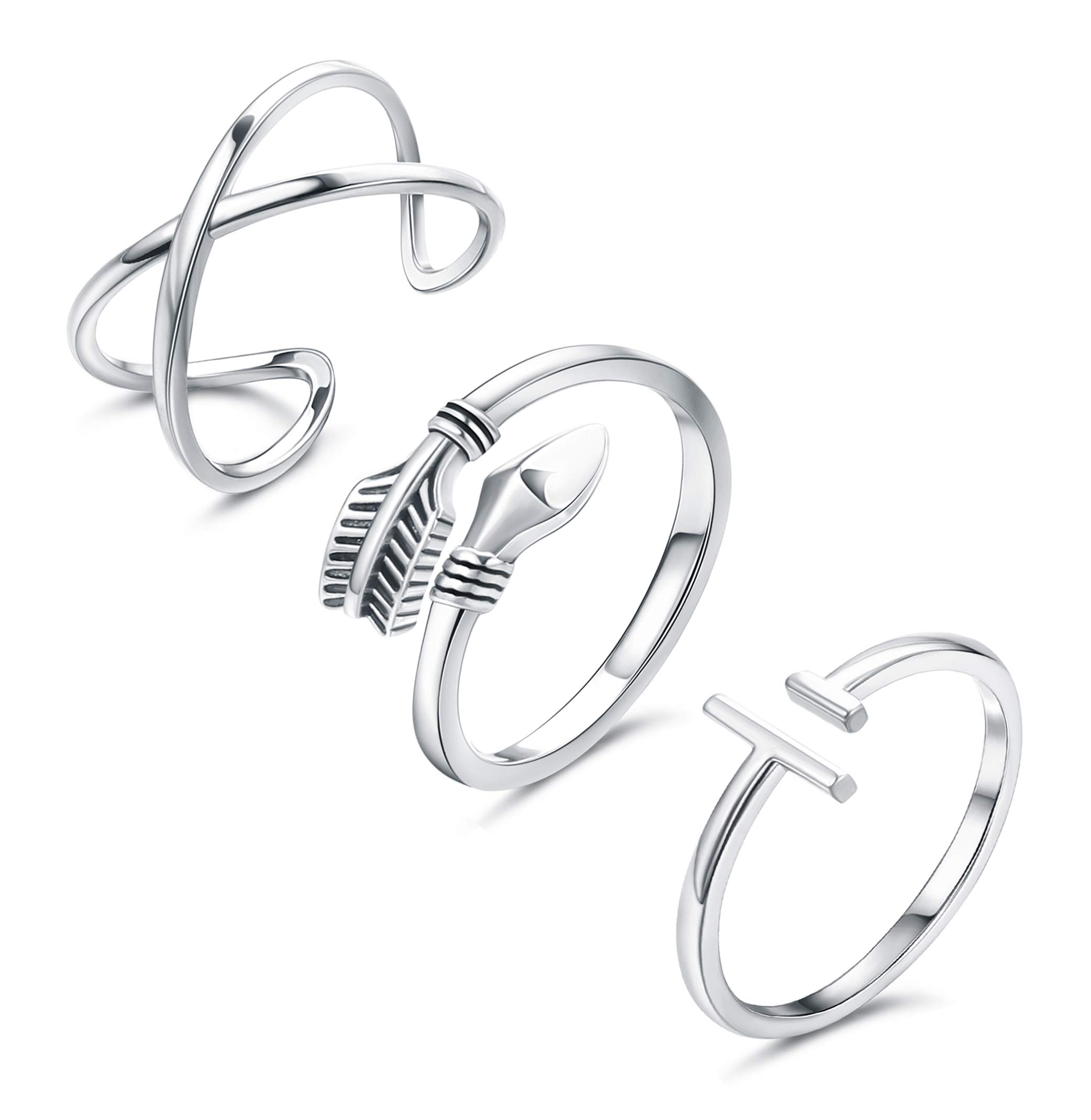 FIASASO 3PCS 925 Sterling Silver Open Adjustable Rings for Women Men Minimalist X Cross Arrow Stackable Rings Set Size 6-9 silver