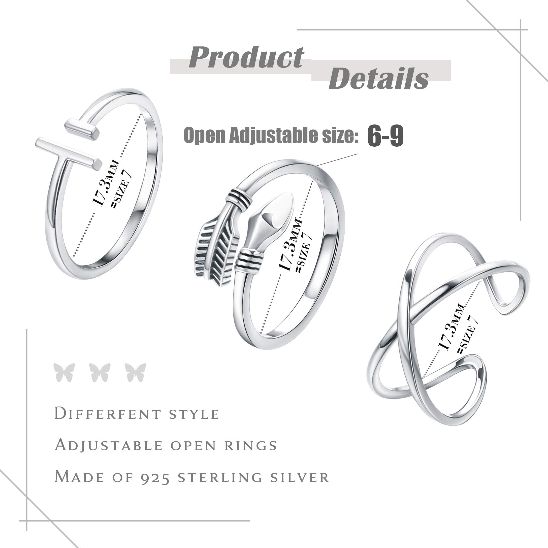 FIASASO 3PCS 925 Sterling Silver Open Adjustable Rings for Women Men Minimalist X Cross Arrow Stackable Rings Set Size 6-9 silver