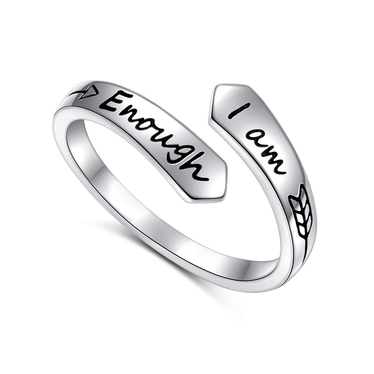 FLYOW Inspirational Rings Adjustable 925 Sterling Silver Spiral Wrap Twist Ring Encouragement Jewelry for Women (I am Enough)