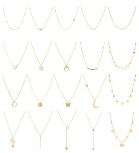 honsny 20pcs 14k gold plated choker necklaces for women, dainty gold diamond coin pearl pendant simple chain necklace set cute gold layered necklaces for women teen jewelry gifts