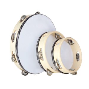 3 pcs tambourine for adults, wooden tambourine 6 inch 7 inch 10 inch hand held drum bell birch metal jingles percussion gift musical educational instrument for church, ktv party