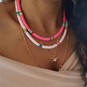 4 Pcs Boho Polymer Clay Choker Necklace Lightweight Colorful African Vinyl Disc Beads Necklace Femme Surfer Jewelry Summer Beach Holiday Necklaces for Women