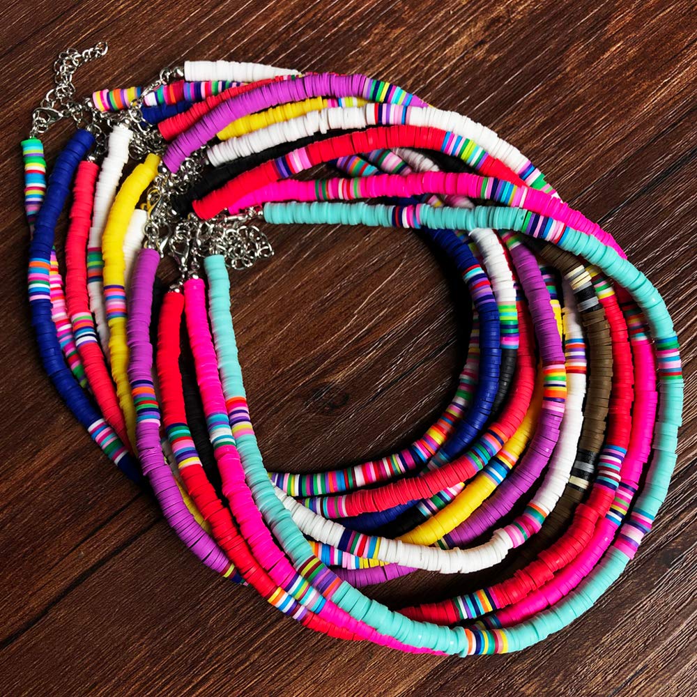 4 Pcs Boho Polymer Clay Choker Necklace Lightweight Colorful African Vinyl Disc Beads Necklace Femme Surfer Jewelry Summer Beach Holiday Necklaces for Women