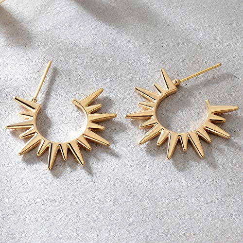 MYEARS Women Sun Earrings Gold Open Spike Hoop C Shape 14K Gold Filled Small Simple Handmade Hypoallergenic Everyday Illusion Jewelry