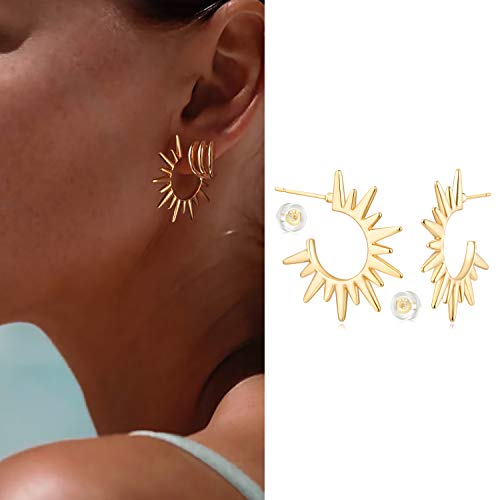 MYEARS Women Sun Earrings Gold Open Spike Hoop C Shape 14K Gold Filled Small Simple Handmade Hypoallergenic Everyday Illusion Jewelry