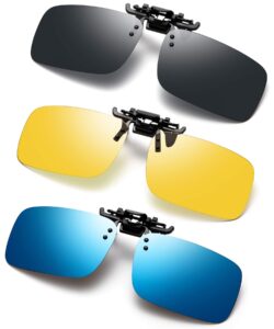 ff frazala polarized clip on sunglasses 3 pack anti-glare uv protection flip-up sunglasses over prescription glasses (blue&black&night yellow)