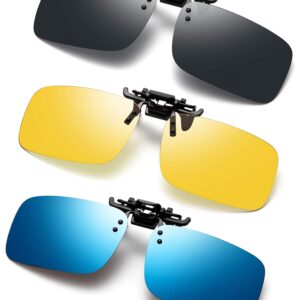 FF FRAZALA Polarized Clip on Sunglasses 3 PACK Anti-Glare UV Protection Flip-up Sunglasses Over Prescription Glasses (blue&black&night yellow)