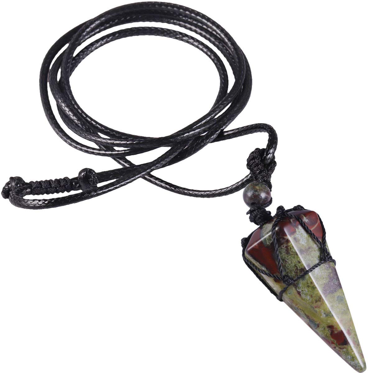 Nupuyai Healing Crystal Point Pendant Necklace for Women Men, Hexagonal Dragon Blood Stone Pendulum for Divination Adjustable Cord 18-32 Inches