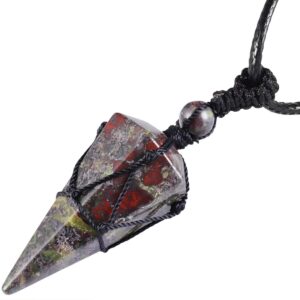 Nupuyai Healing Crystal Point Pendant Necklace for Women Men, Hexagonal Dragon Blood Stone Pendulum for Divination Adjustable Cord 18-32 Inches