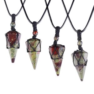 Nupuyai Healing Crystal Point Pendant Necklace for Women Men, Hexagonal Dragon Blood Stone Pendulum for Divination Adjustable Cord 18-32 Inches