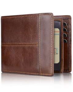 swallowmall mens wallet rfid genuine leather bifold wallets for men, id window 16 card holders gift box (brown (no zipper))