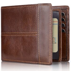 Swallowmall Mens Wallet RFID Genuine Leather Bifold Wallets For Men, ID Window 16 Card Holders Gift Box (Brown (No Zipper))