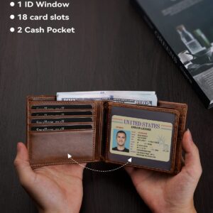 Swallowmall Mens Wallet RFID Genuine Leather Bifold Wallets For Men, ID Window 16 Card Holders Gift Box (Brown (No Zipper))