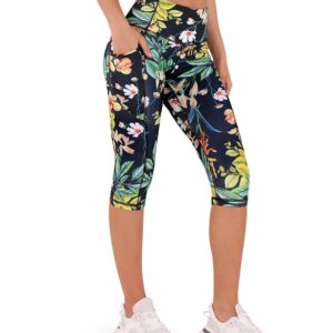 ODODOS Women's High Waisted Printed Yoga Capris with Pocket, Tummy Control Non See Through Workout Sports Running Athletic Capri Leggings, Tropical Flower, Large