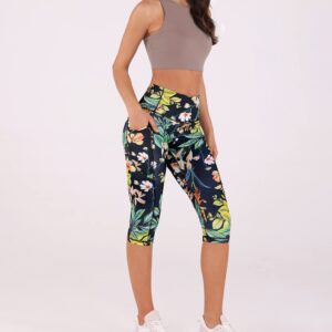 ODODOS Women's High Waisted Printed Yoga Capris with Pocket, Tummy Control Non See Through Workout Sports Running Athletic Capri Leggings, Tropical Flower, Large