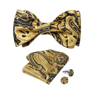 dibangu mens silk self bow ties,woven solid striped paisley bowtie and pocket square cufflinks set for men tuxedo wedding, gold black