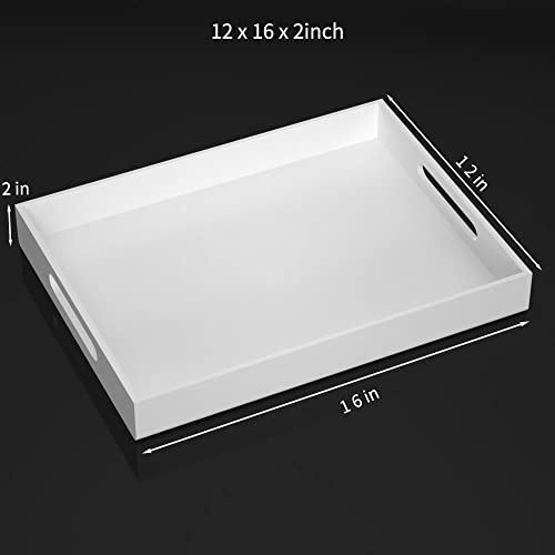 NIUBEE Acrylic Serving Tray 12x16 Inches -Spill Proof- White Decorative Tray Organiser for Ottoman Coffee Table Countertop with Handles