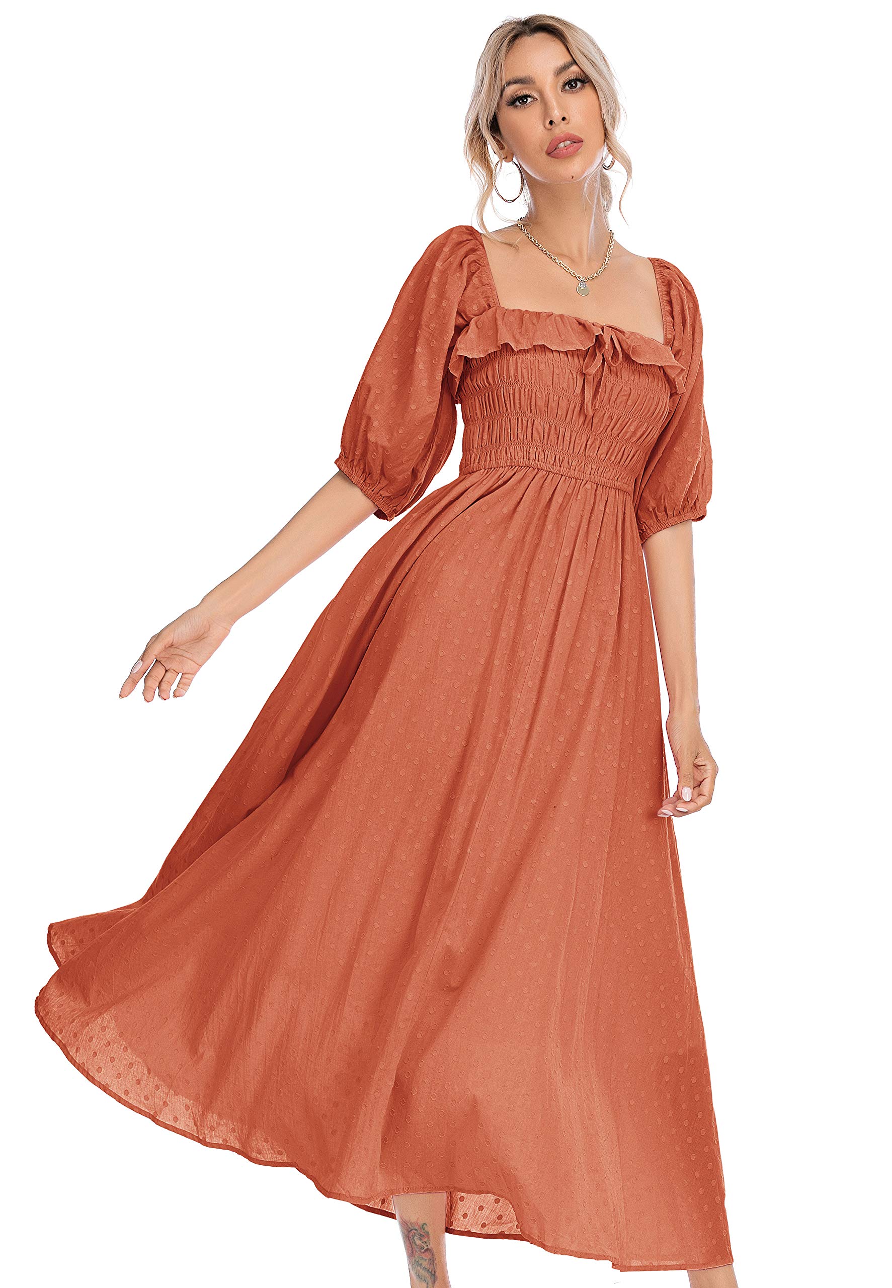 R.Vivimos Women Summer Half Sleeve Cotton Ruffled Vintage Elegant Backless A Line Flowy Long Dresses (Medium, Orange#1)