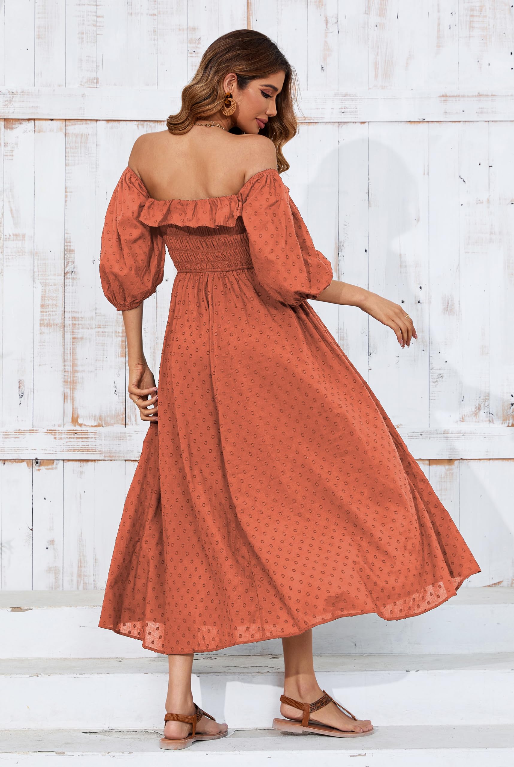 R.Vivimos Women Summer Half Sleeve Cotton Ruffled Vintage Elegant Backless A Line Flowy Long Dresses (Medium, Orange#1)