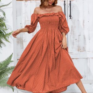 R.Vivimos Women Summer Half Sleeve Cotton Ruffled Vintage Elegant Backless A Line Flowy Long Dresses (Medium, Orange#1)