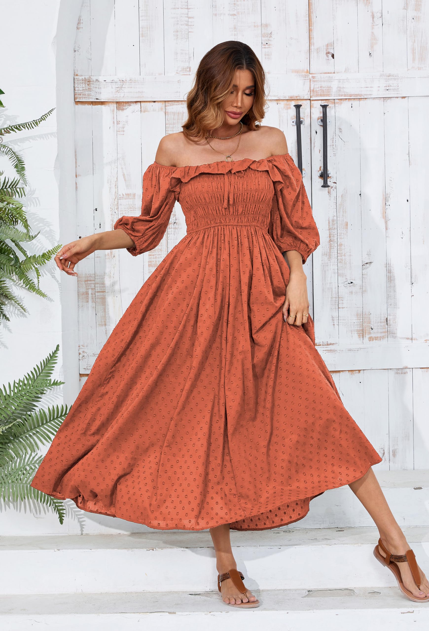 R.Vivimos Women Summer Half Sleeve Cotton Ruffled Vintage Elegant Backless A Line Flowy Long Dresses (Medium, Orange#1)