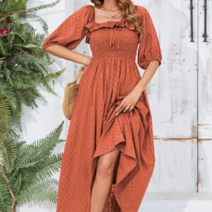 R.Vivimos Women Summer Half Sleeve Cotton Ruffled Vintage Elegant Backless A Line Flowy Long Dresses (Medium, Orange#1)