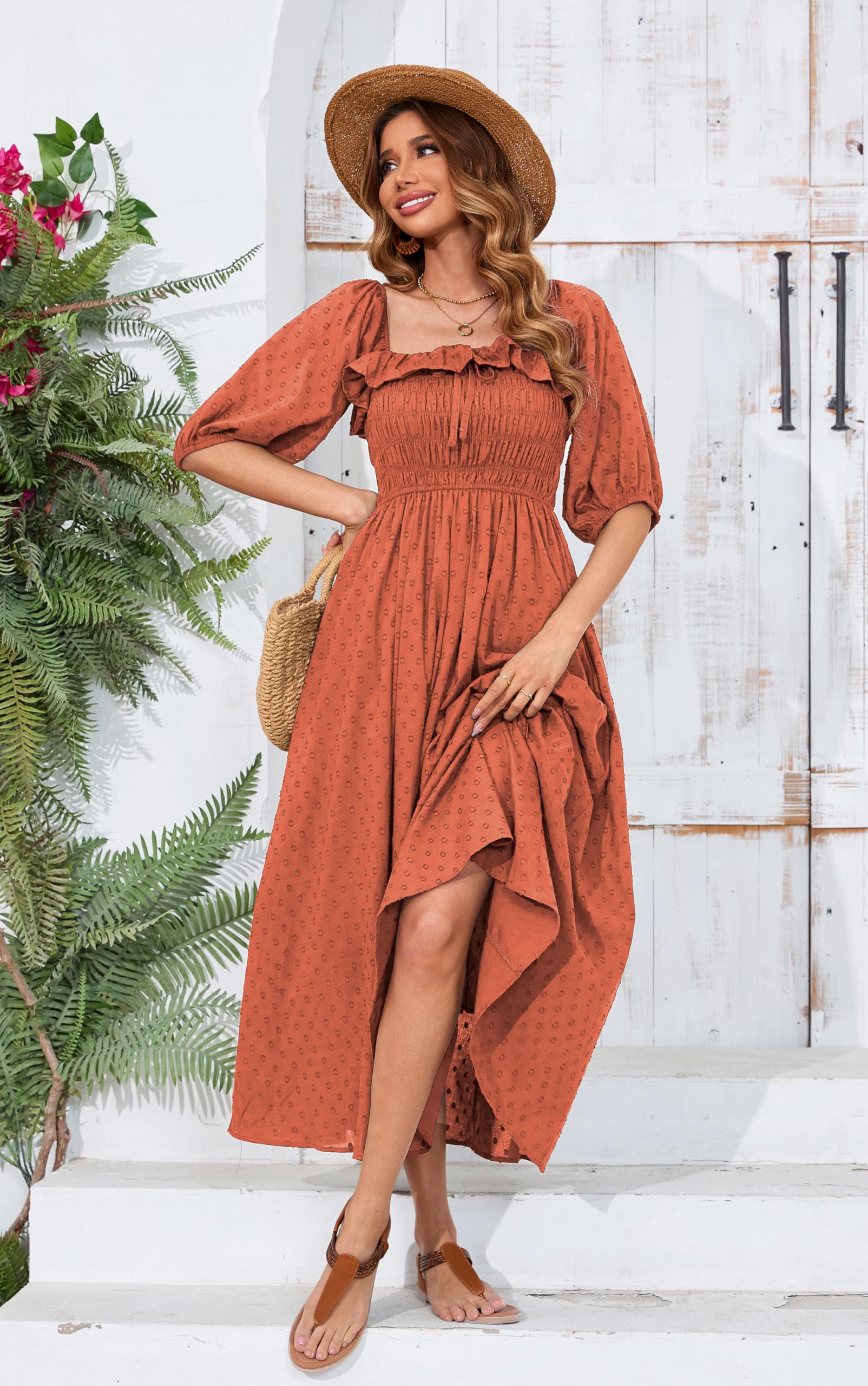 R.Vivimos Women Summer Half Sleeve Cotton Ruffled Vintage Elegant Backless A Line Flowy Long Dresses (Medium, Orange#1)