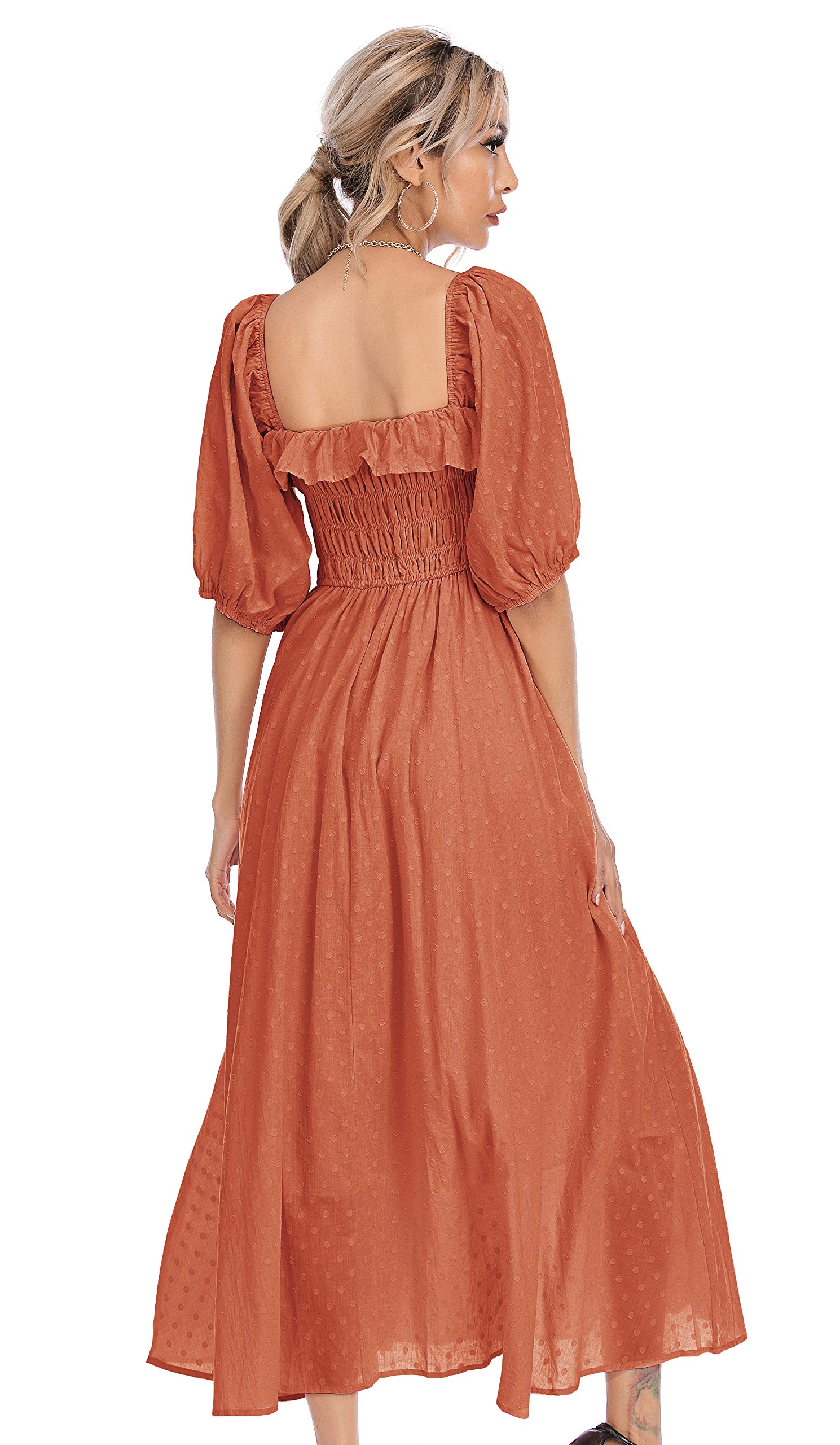 R.Vivimos Women Summer Half Sleeve Cotton Ruffled Vintage Elegant Backless A Line Flowy Long Dresses (Medium, Orange#1)